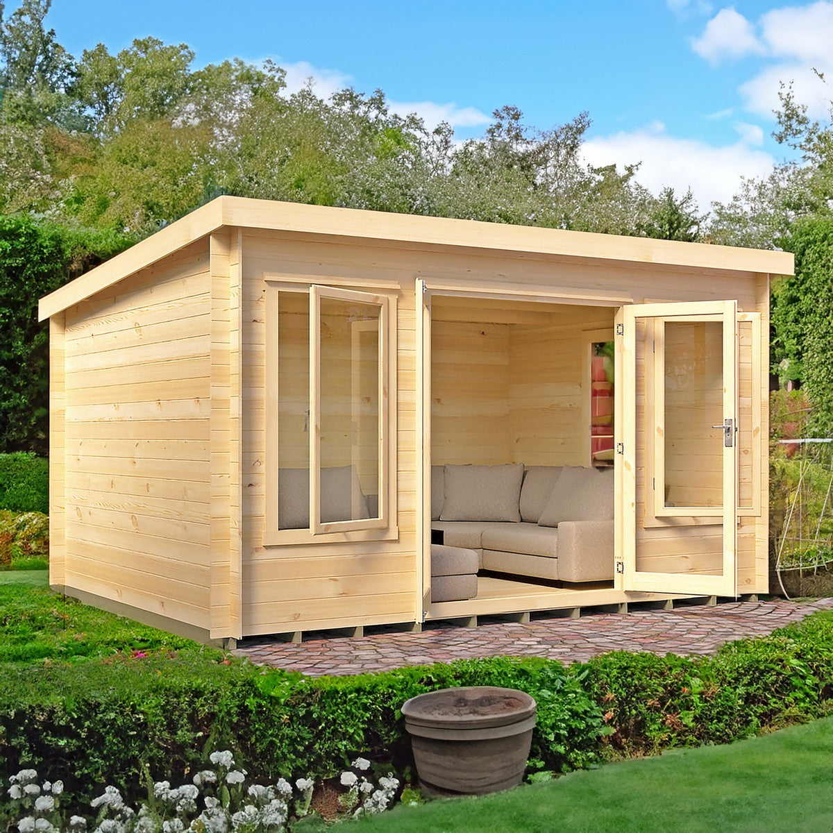 Shire Emneth 12' 9" x 9' 9" Pent Log Cabin - Premium 19mm Cladding Log ...