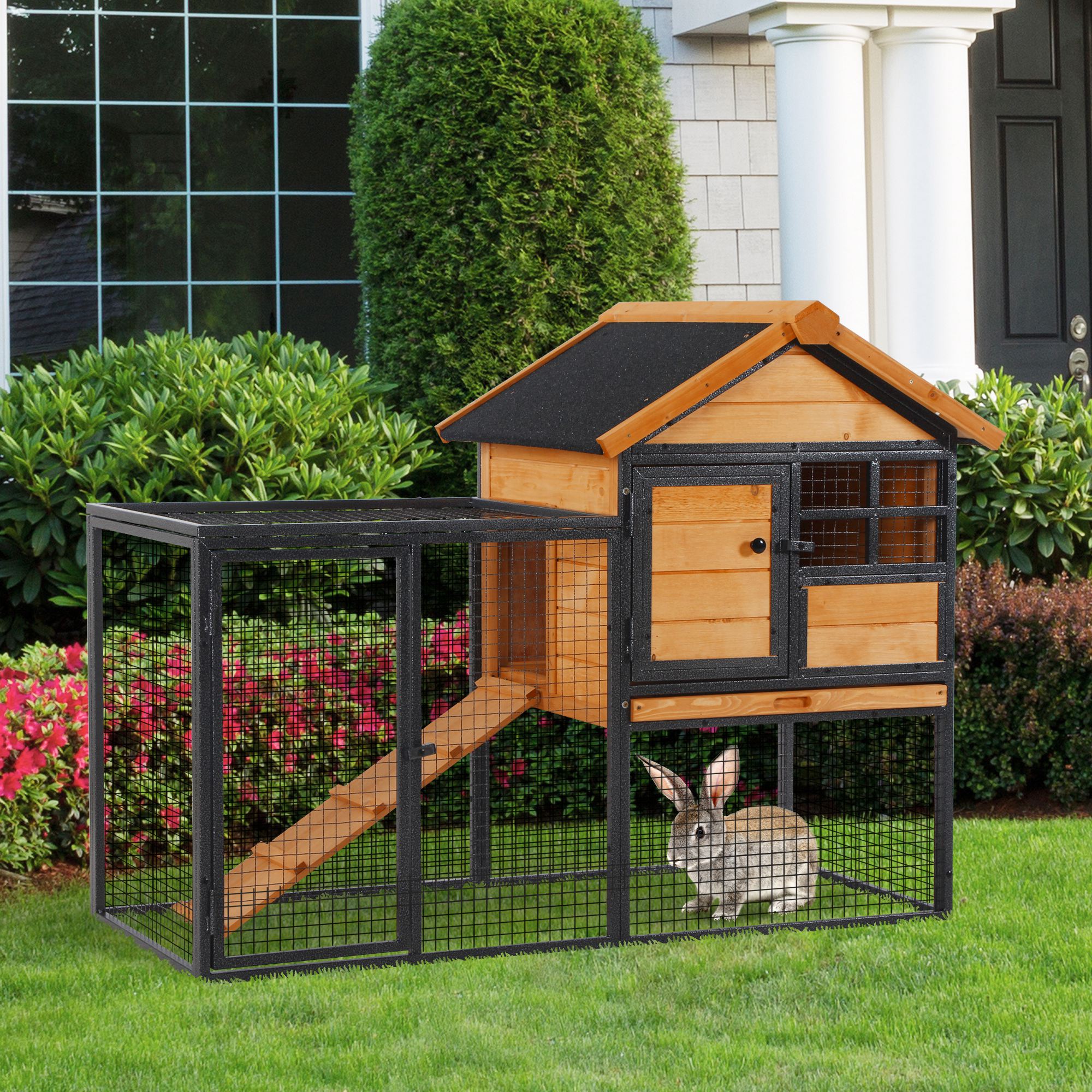 PawHut Wood-metal Rabbit Hutch Elevated Pet Bunny House Rabbit Cage wi ...