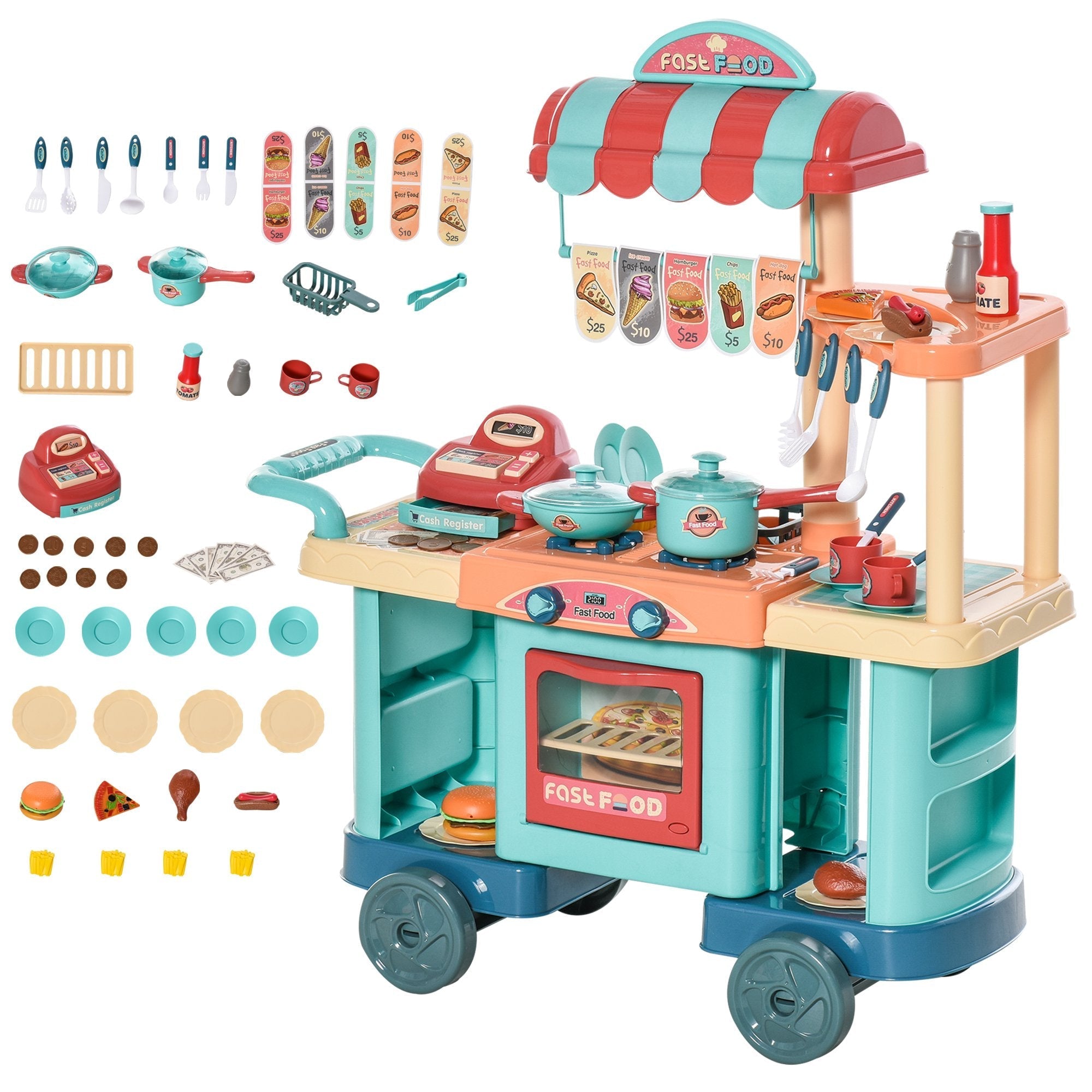 Kids Food Cart Pretend Playset Kitchen Supermarket Trolley Set w/ Acce ...